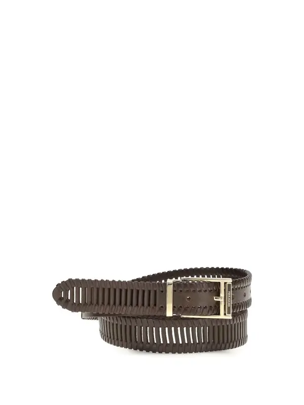 FERRAGAMO Adjustable Woven Leather Belt With Engraved Buckle - Brown