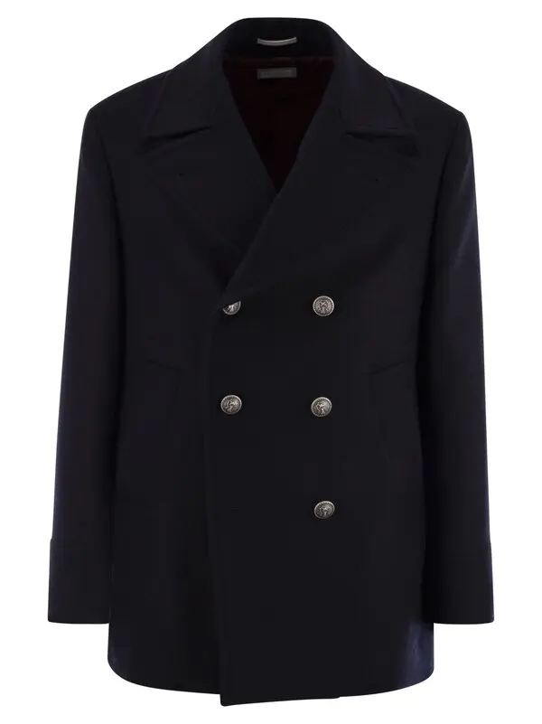 Brunello Cucinelli Double Wool Flannel Pea Coat With Metal Buttons