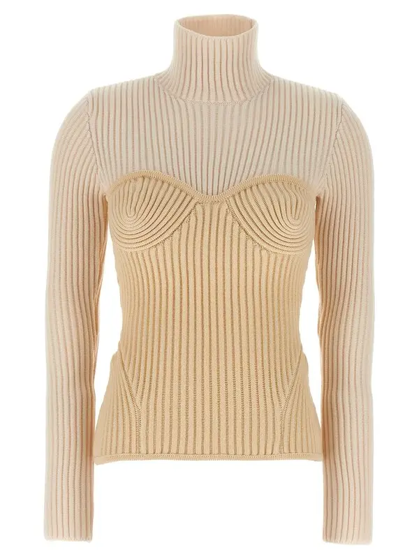 JEAN PAUL GAULTIER Ribbed Merino Wool Corset Sweater - Cream