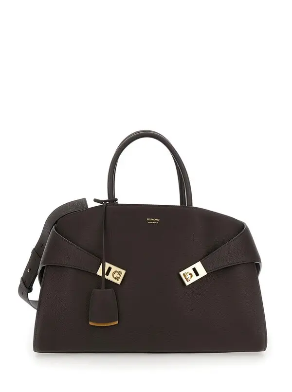 FERRAGAMO Leather Handbag With Gancini Buckles - Brown