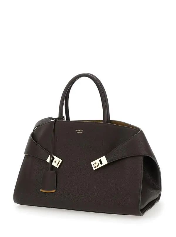 FERRAGAMO Leather Handbag With Gancini Buckles - Brown