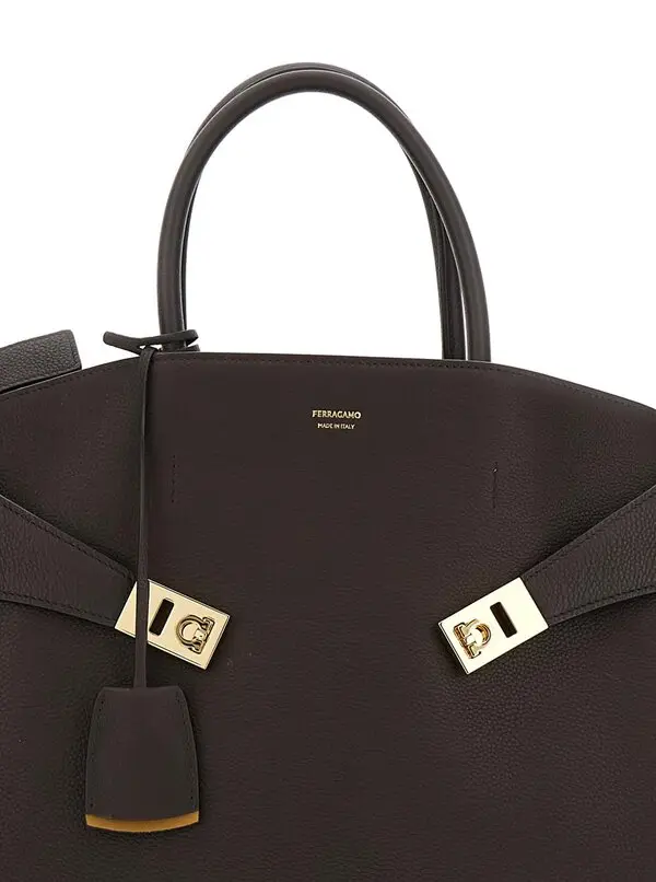 FERRAGAMO Leather Handbag With Gancini Buckles - Brown