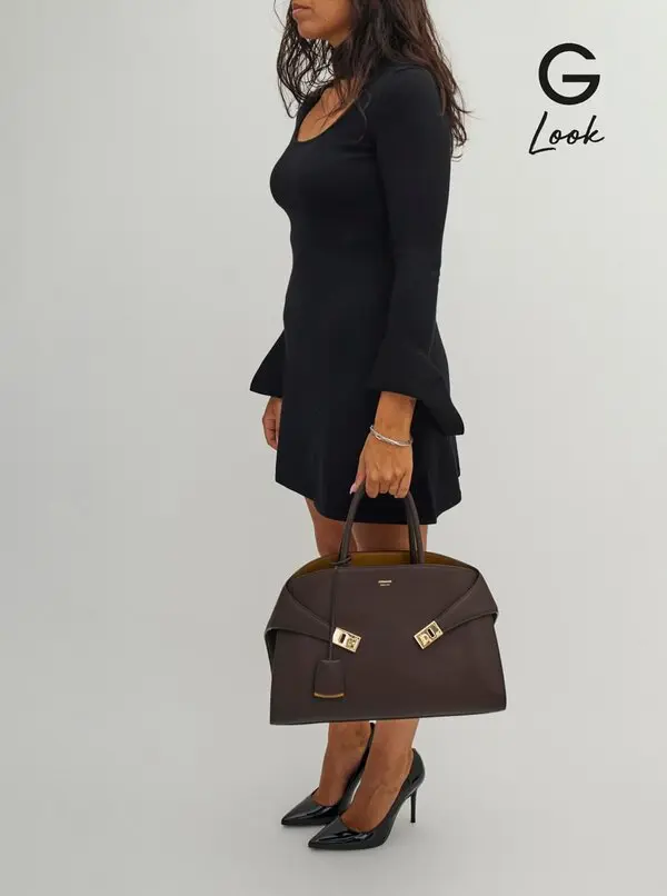 FERRAGAMO Leather Handbag With Gancini Buckles - Brown