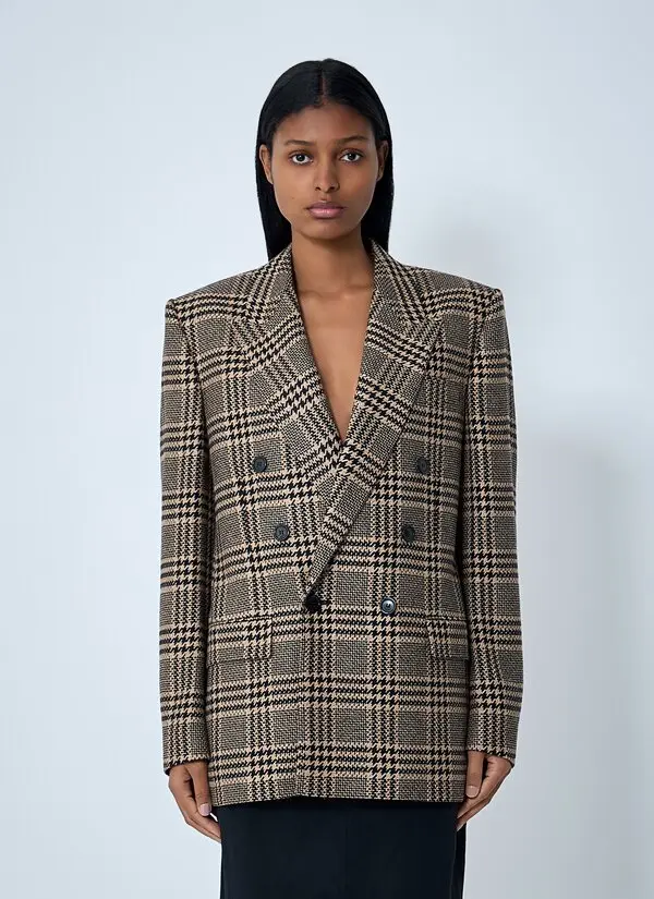Saint Laurent Double-breasted Plaid Blazer - Cream