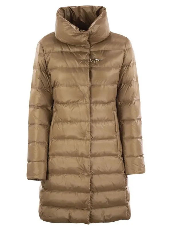 FAY Long Down Jacket With High Collar And Signature Hook Closure - Brown