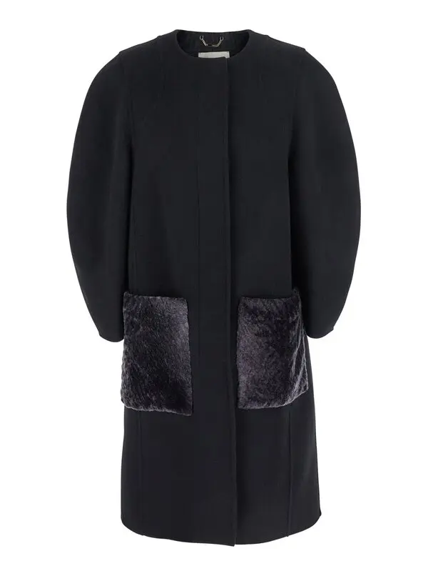 Fendi Black Wool Blend Coat With Puffed Sleeves And Shearling Pockets - Multicolor
