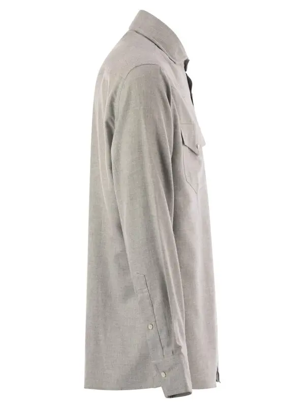Brunello Cucinelli Stretch Cotton Chevron Flannel Easy Fit Shirt With Snap Buttons, Epaulettes And Pockets