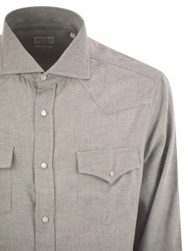 Brunello Cucinelli Stretch Cotton Chevron Flannel Easy Fit Shirt With Snap Buttons, Epaulettes And Pockets