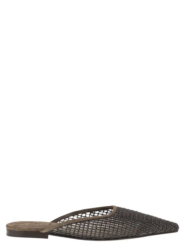 Brunello Cucinelli Suede Mules With Precious Net Embroidery - Brown