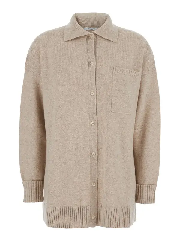 Max Mara Beige Cashmere Cardigan With Classic Collar And Patch Pocket - Multicolor