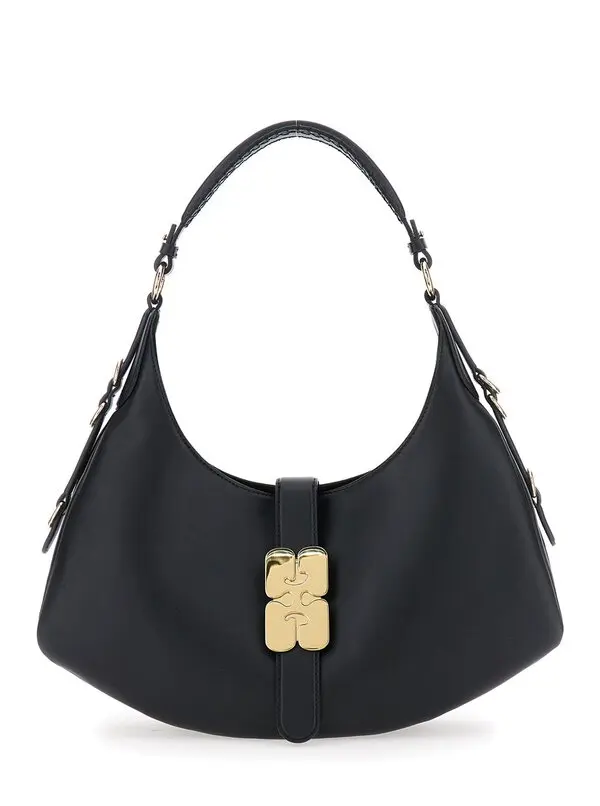 GANNI Kat Piccola' Shoulder Bag In Black Leather With Gold-tone Logo Plate - Multicolor