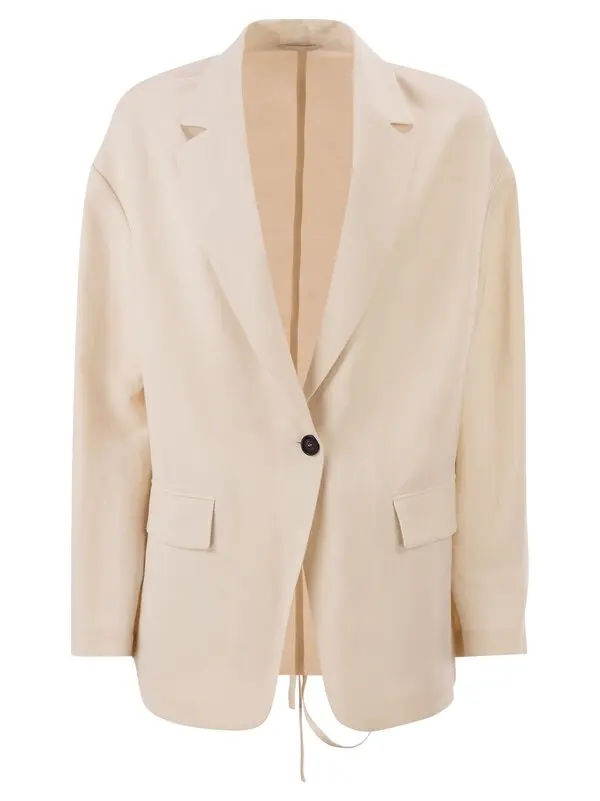 Brunello Cucinelli Fluid Viscose And Linen Twill Jacket With Jewellery - Cream