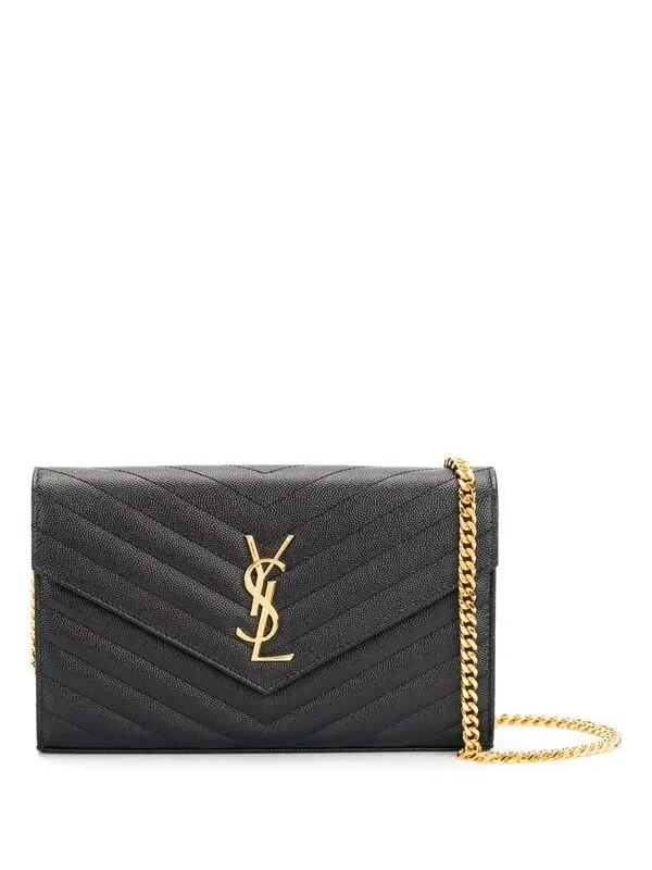 Saint Laurent Cassandre Chain Wallet In Grain De Poudre Leather - Black