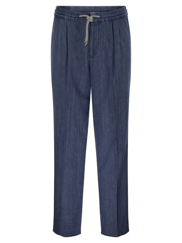 Brunello Cucinelli Lightweight Denim Trousers With Drawstring And Double Pleats