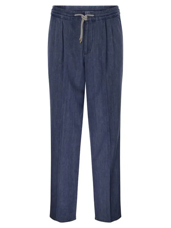 Brunello Cucinelli Lightweight Denim Trousers With Drawstring And Double Pleats