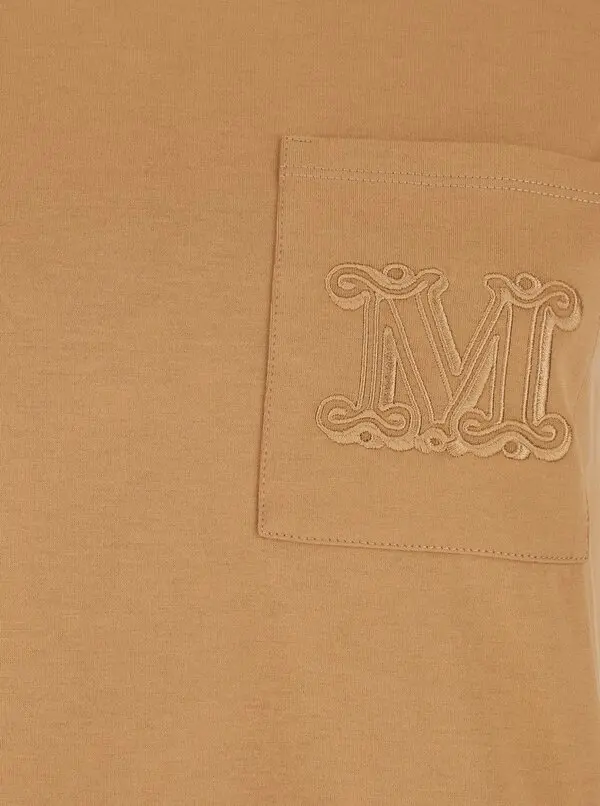 Max Mara Papaia Cotton Crewneck T-shirt With Embroidered Logo Pocket - Cream