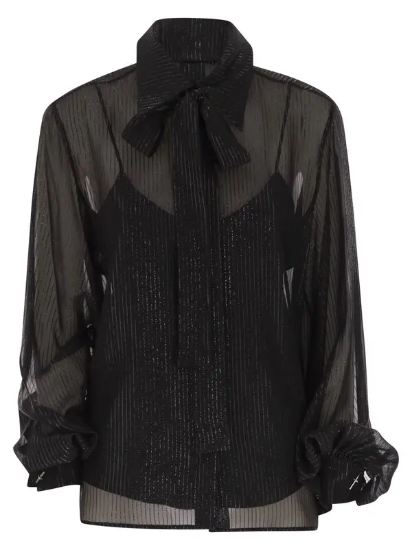 Max Mara Silk Chiffon Blouse With Lamé Stripe And Removable Tie - Black