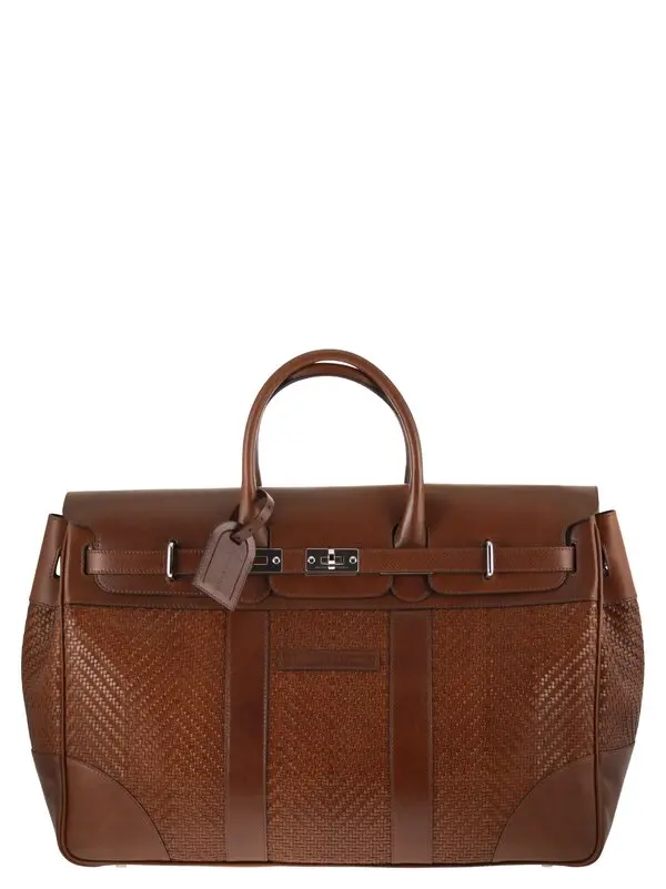 Brunello Cucinelli Woven Calfskin And Cowhide Leather Country Bag - Brown