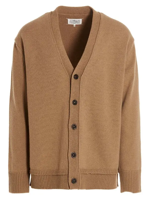 MAISON MARGIELA Wool Blend V-neck Cardigan With Suede Elbow Patches - Cream