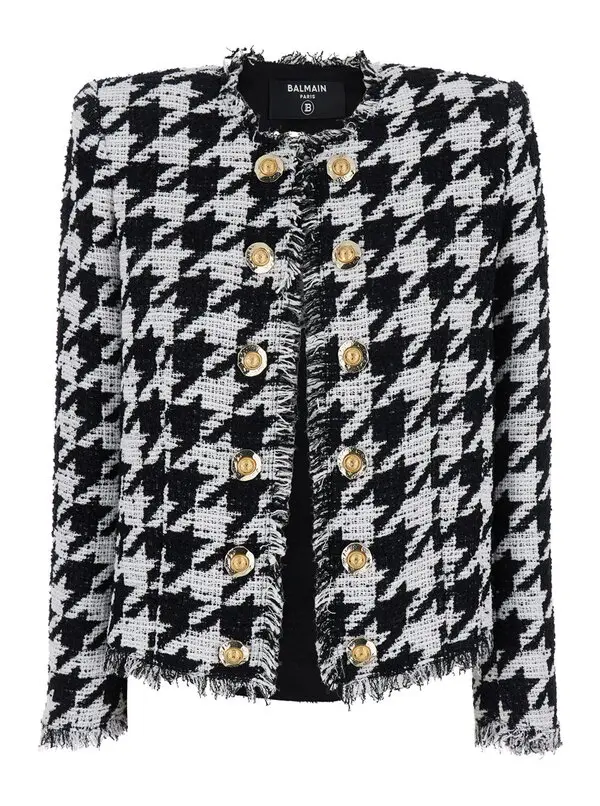 Balmain Houndstooth Check Jacket With Fringed Hem - Multicolor