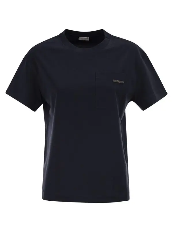 Brunello Cucinelli Cotton Jersey T-shirt With Embellished Pocket - Blue