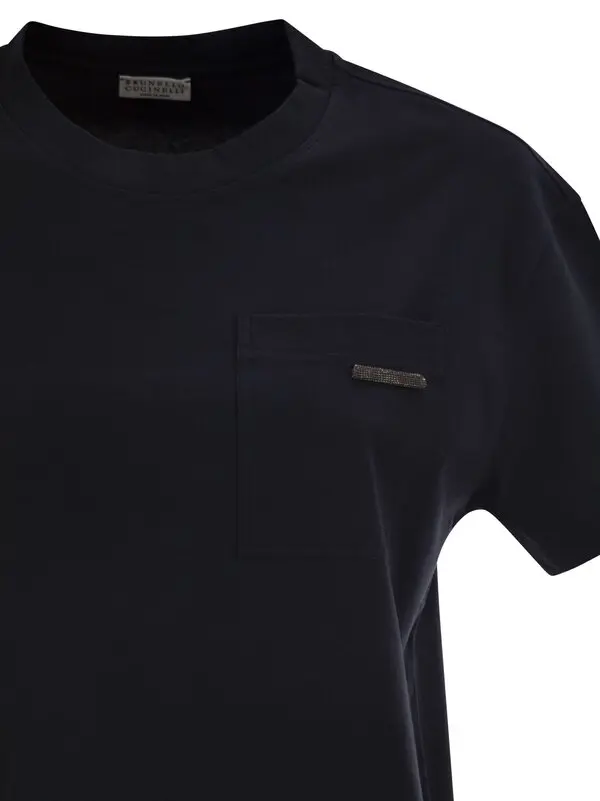Brunello Cucinelli Cotton Jersey T-shirt With Embellished Pocket - Blue