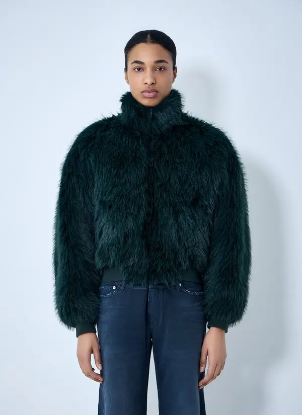 Balenciaga Faux Fur Bomber Jacket - Green
