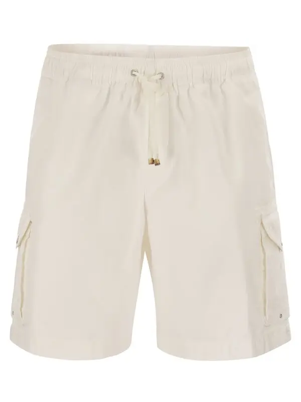 Brunello Cucinelli Bermuda Shorts In Garment-dyed Cotton Gabardine With Drawstring - White