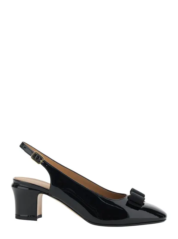 FERRAGAMO Black Leather Slingback Pumps With Logo Plate - Multicolor