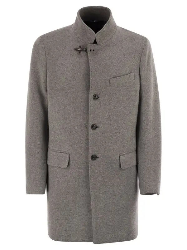 FAY Wool Blend Herringbone Stand-up Collar Coat