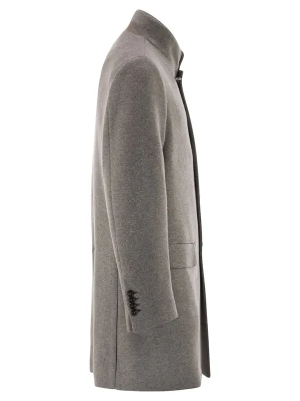 FAY Wool Blend Herringbone Stand-up Collar Coat