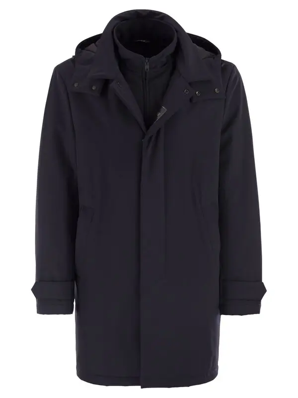 FAY Jersey Stretch Travel Coat With Removable Hood And Water-repellent Treatment - Blue