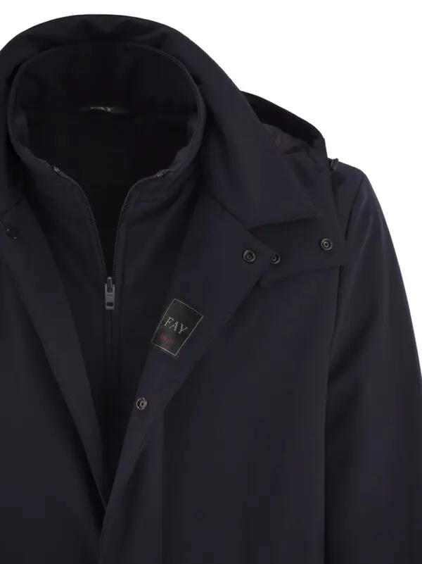 FAY Jersey Stretch Travel Coat With Removable Hood And Water-repellent Treatment - Blue