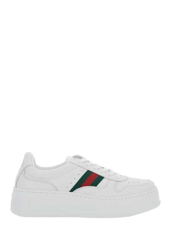 Gucci White Leather Sneakers With Web Detail And Oversized Sole