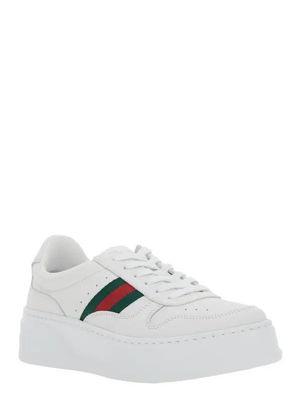 Gucci White Leather Sneakers With Web Detail And Oversized Sole