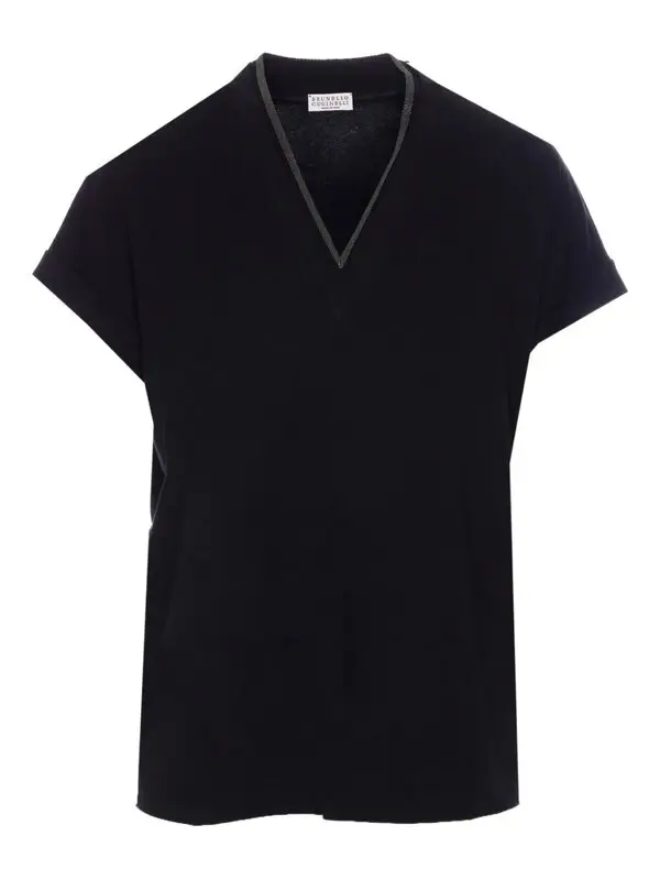 Brunello Cucinelli Monili Trim V-neck Cotton T-shirt - Black