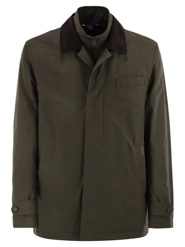 FAY Short Raincoat In Cotton And Nylon Faille With Velvet Collar - Green