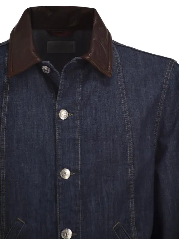Brunello Cucinelli Lightweight Denim Jacket With Leather Collar - Multicolor