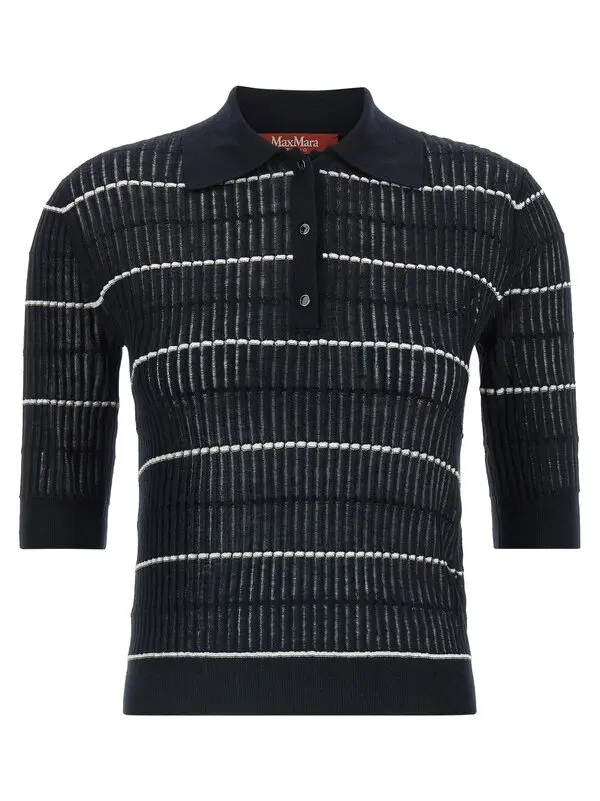 Max Mara Wool And Silk Polo Shirt With Ribbed Detailing - Blue