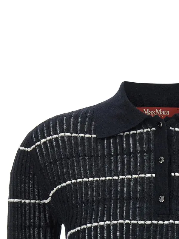 Max Mara Wool And Silk Polo Shirt With Ribbed Detailing - Blue