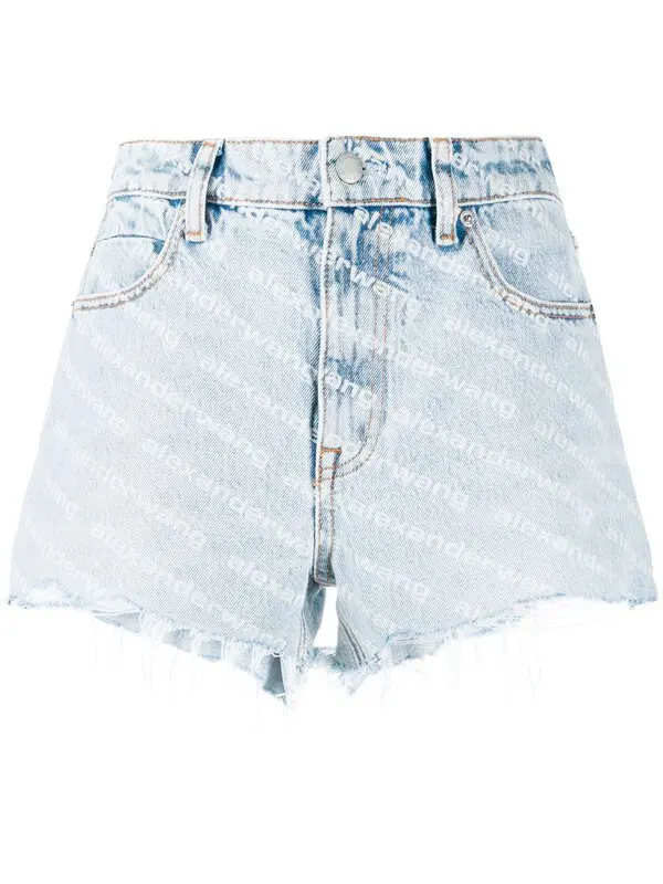 Alexander Wang All-over Logo Printed Denim Shorts - Blue