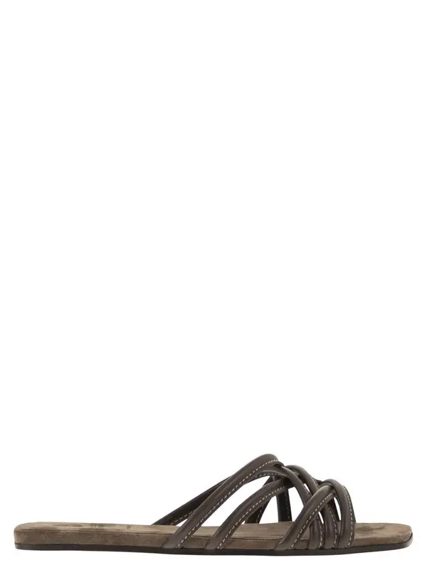 Brunello Cucinelli Flat Leather Sandals With Criss-cross Straps - Brown