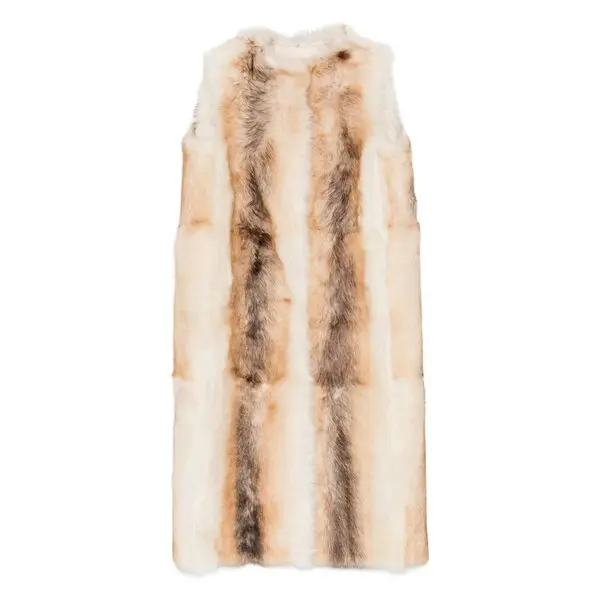YVES SALOMON Striped Fur Long Vest - Cream