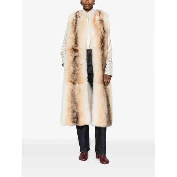 YVES SALOMON Striped Fur Long Vest - Cream