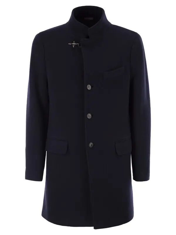 FAY Wool Blend Herringbone Coat With Stand-up Collar