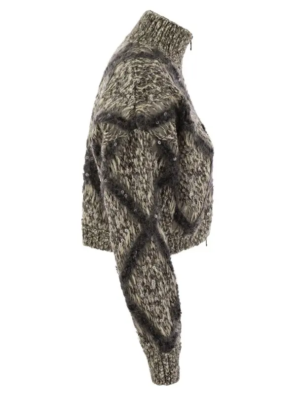 Brunello Cucinelli High Collar Zip-up Sequined Wool-blend Cardigan