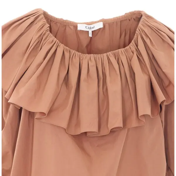 Chloé Cotton 3/4 Sleeve Crew Neck Top With Ruffles - Pink