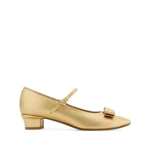 FERRAGAMO Mary Jane Shoes With Bow Detail - Gold