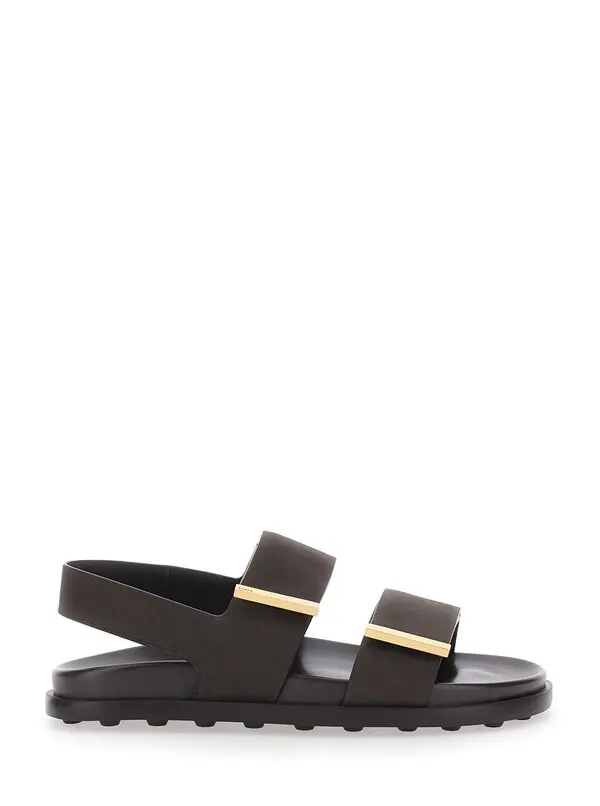 TOD'S Leather Sandals With Metallic Logo Detail - Multicolor