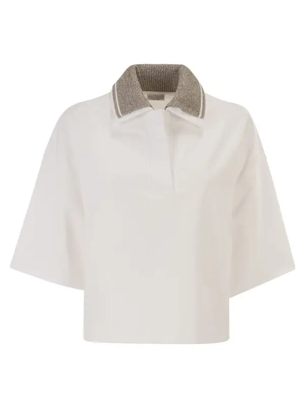 Brunello Cucinelli Sparkling Knit Collar Interlock Polo Shirt - White